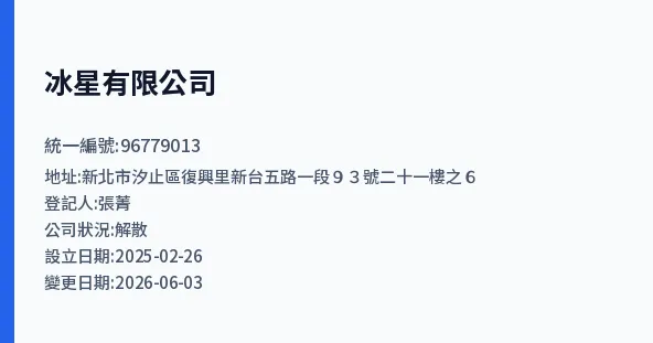 冰星有限公司的照片-統編 96779013(新北市) 公司登記資料與營業項目詳細圖表