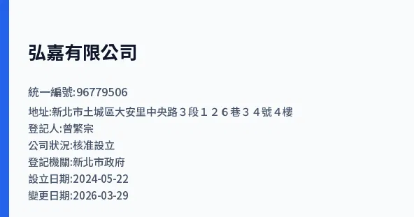 弘嘉有限公司的照片-統編 96779506(新北市) 公司登記資料與營業項目詳細圖表