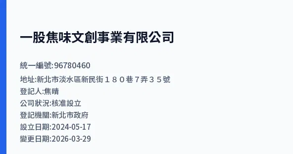 一股焦味文創事業有限公司的照片-統編 96780460(新北市) 公司登記資料與營業項目詳細圖表