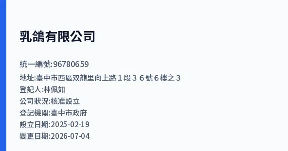 乳鴿有限公司的照片-統編 96780659(臺中市) 公司登記資料與營業項目詳細圖表