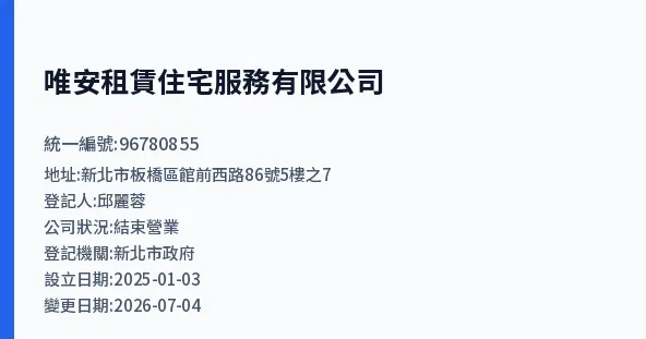 唯安租賃住宅服務有限公司的照片-統編 96780855(新北市) 公司登記資料與營業項目詳細圖表