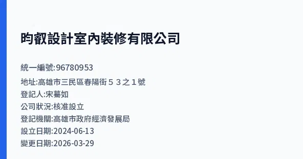 昀叡設計室內裝修有限公司的照片-統編 96780953(高雄市) 公司登記資料與營業項目詳細圖表