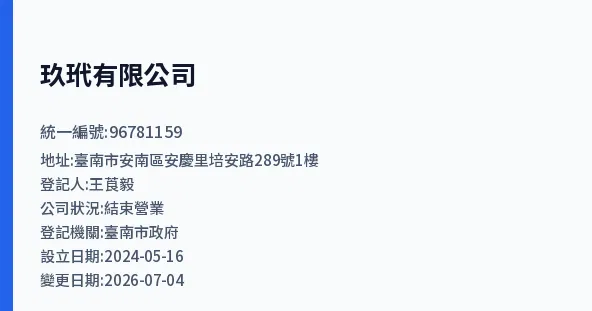 玖玳有限公司的照片-統編 96781159(臺南市) 公司登記資料與營業項目詳細圖表
