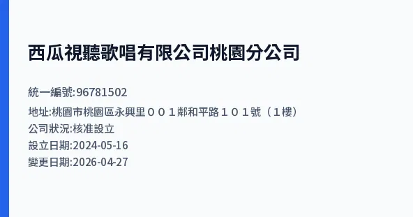 西瓜視聽歌唱有限公司桃園分公司的照片-統編 96781502(桃園市) 公司登記資料與營業項目詳細圖表