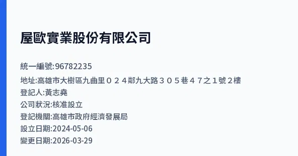 屋歐實業股份有限公司的照片-統編 96782235(高雄市) 公司登記資料與營業項目詳細圖表