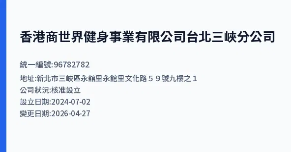 香港商世界健身事業有限公司台北三峽分公司的照片-統編 96782782(新北市) 公司登記資料與營業項目詳細圖表