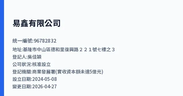 易鑫有限公司的照片-統編 96782832(基隆市) 公司登記資料與營業項目詳細圖表