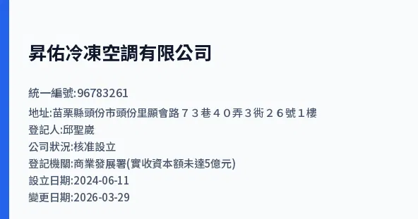 昇佑冷凍空調有限公司的照片-統編 96783261(苗栗縣) 公司登記資料與營業項目詳細圖表