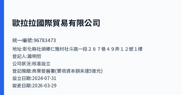 歐拉拉國際貿易有限公司的照片-統編 96783473(彰化縣) 公司登記資料與營業項目詳細圖表