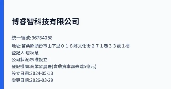 博睿智科技有限公司的照片-統編 96784058(苗栗縣) 公司登記資料與營業項目詳細圖表