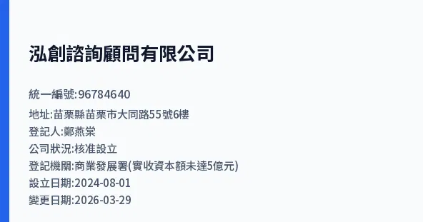 泓創諮詢顧問有限公司的照片-統編 96784640(苗栗縣) 公司登記資料與營業項目詳細圖表