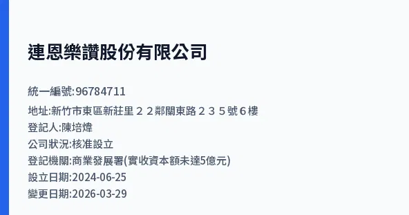 連恩樂讚股份有限公司的照片-統編 96784711(新竹市) 公司登記資料與營業項目詳細圖表