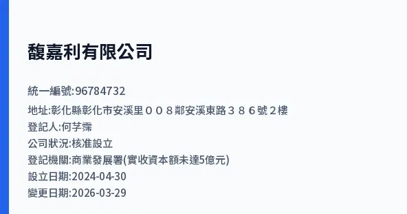 馥嘉利有限公司的照片-統編 96784732(彰化縣) 公司登記資料與營業項目詳細圖表