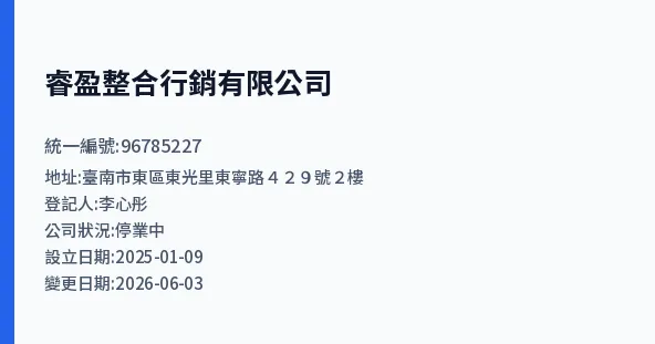 睿盈整合行銷有限公司的照片-統編 96785227(臺南市) 公司登記資料與營業項目詳細圖表