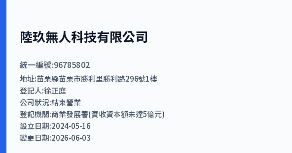 陸玖無人科技有限公司的照片-統編 96785802(苗栗縣) 公司登記資料與營業項目詳細圖表