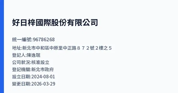 好日梓國際股份有限公司的照片-統編 96786268(新北市) 公司登記資料與營業項目詳細圖表
