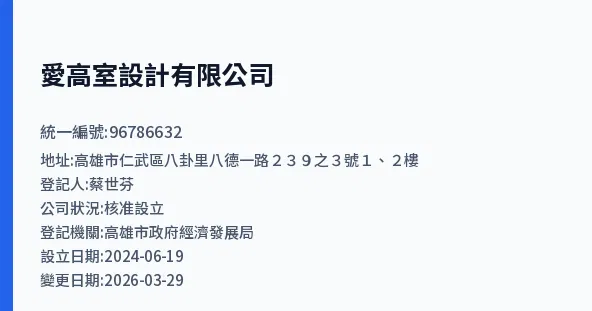 愛高室設計有限公司的照片-統編 96786632(高雄市) 公司登記資料與營業項目詳細圖表