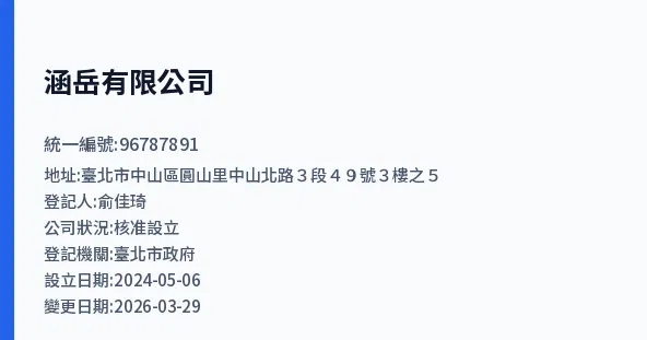 涵岳有限公司的照片-統編 96787891(臺北市) 公司登記資料與營業項目詳細圖表