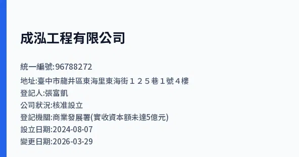 成泓工程有限公司的照片-統編 96788272(臺中市) 公司登記資料與營業項目詳細圖表