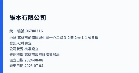 維本有限公司的照片-統編 96788316(高雄市) 公司登記資料與營業項目詳細圖表