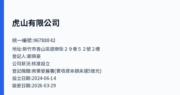 虎山有限公司的照片-統編 96788842(新竹市) 公司登記資料與營業項目詳細圖表