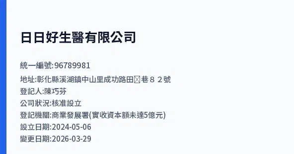 日日好生醫有限公司的照片-統編 96789981(彰化縣) 公司登記資料與營業項目詳細圖表