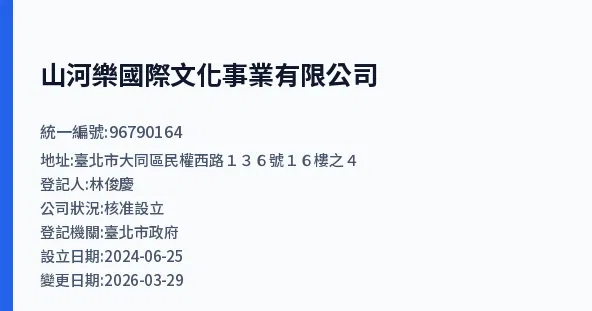 山河樂國際文化事業有限公司的照片-統編 96790164(臺北市) 公司登記資料與營業項目詳細圖表