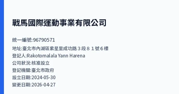 戰馬國際運動事業有限公司的照片-統編 96790571(臺北市) 公司登記資料與營業項目詳細圖表