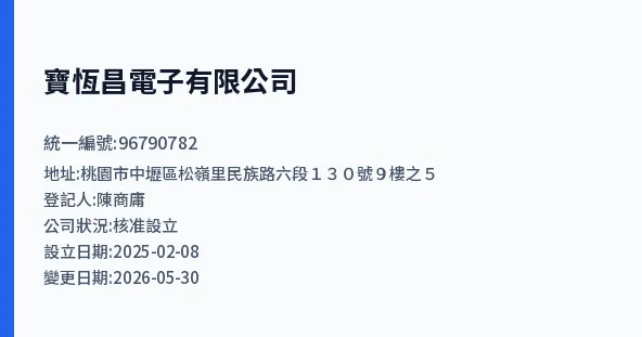 寶恆昌電子有限公司的照片-統編 96790782(桃園市) 公司登記資料與營業項目詳細圖表
