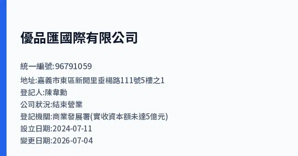 優品匯國際有限公司的照片-統編 96791059(嘉義市) 公司登記資料與營業項目詳細圖表