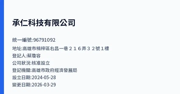 承仁科技有限公司的照片-統編 96791092(高雄市) 公司登記資料與營業項目詳細圖表