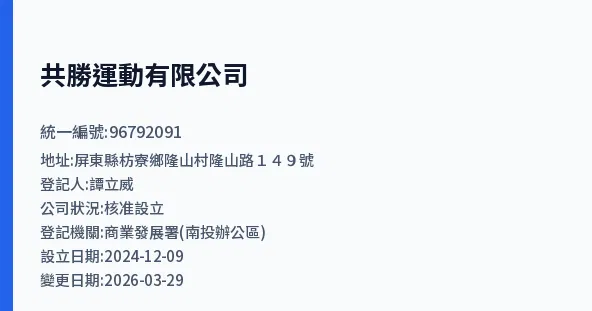 共勝運動有限公司的照片-統編 96792091(屏東縣) 公司登記資料與營業項目詳細圖表