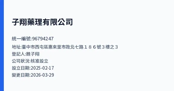 子翔藥理有限公司的照片-統編 96794247(臺中市) 公司登記資料與營業項目詳細圖表