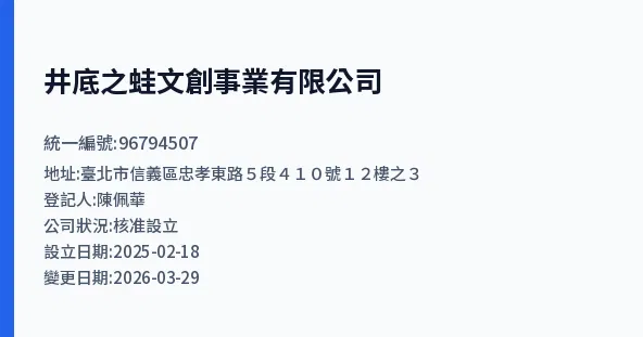 井底之蛙文創事業有限公司的照片-統編 96794507(臺北市) 公司登記資料與營業項目詳細圖表