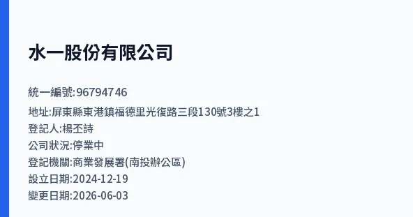 水一股份有限公司的照片-統編 96794746(屏東縣) 公司登記資料與營業項目詳細圖表
