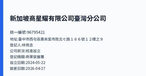 新加坡商星耀有限公司臺灣分公司的照片-統編 96795421(臺中市) 公司登記資料與營業項目詳細圖表