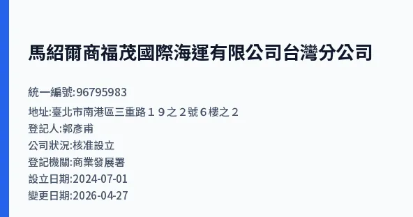 馬紹爾商福茂國際海運有限公司台灣分公司的照片-統編 96795983(臺北市) 公司登記資料與營業項目詳細圖表