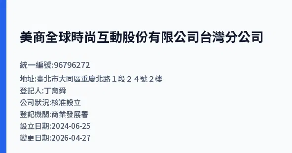 美商全球時尚互動股份有限公司台灣分公司的照片-統編 96796272(臺北市) 公司登記資料與營業項目詳細圖表