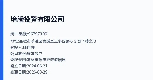 堉騰投資有限公司的照片-統編 96797309(高雄市) 公司登記資料與營業項目詳細圖表