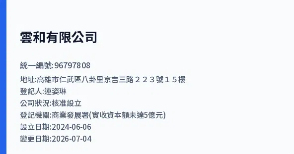 雲和有限公司的照片-統編 96797808(高雄市) 公司登記資料與營業項目詳細圖表