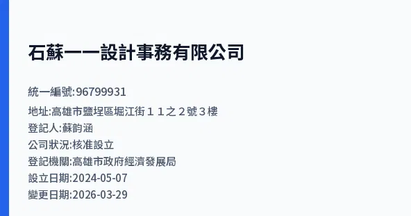 石蘇一一設計事務有限公司的照片-統編 96799931(高雄市) 公司登記資料與營業項目詳細圖表