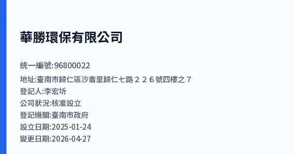 華勝環保有限公司的照片-統編 96800022(臺南市) 公司登記資料與營業項目詳細圖表