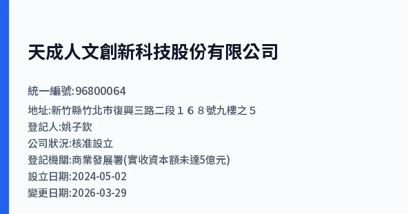 天成人文創新科技股份有限公司的照片-統編 96800064(新竹縣) 公司登記資料與營業項目詳細圖表