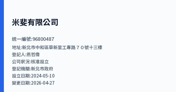 米斐有限公司的照片-統編 96800487(新北市) 公司登記資料與營業項目詳細圖表