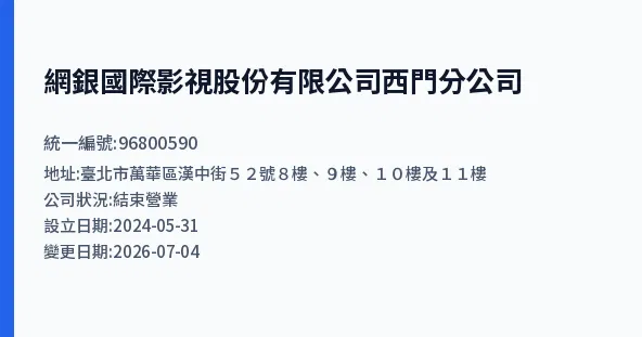 網銀國際影視股份有限公司西門分公司的照片-統編 96800590(臺北市) 公司登記資料與營業項目詳細圖表