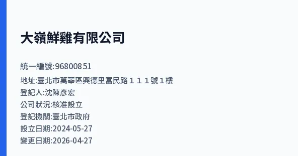 大嶺鮮雞有限公司的照片-統編 96800851(臺北市) 公司登記資料與營業項目詳細圖表