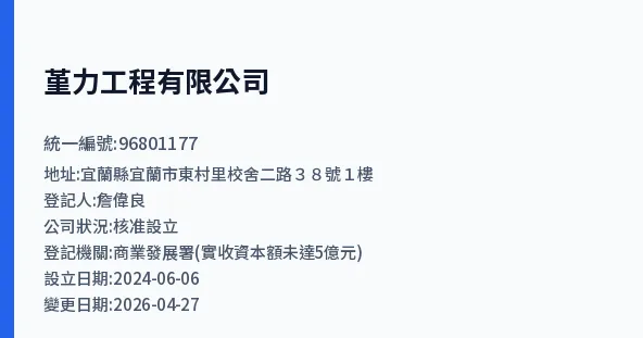 堇力工程有限公司的照片-統編 96801177(宜蘭縣) 公司登記資料與營業項目詳細圖表