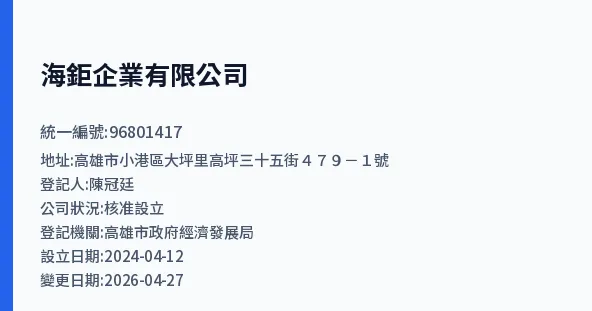 海鉅企業有限公司的照片-統編 96801417(高雄市) 公司登記資料與營業項目詳細圖表