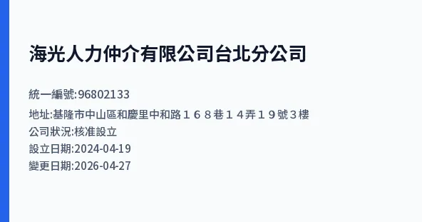 海光人力仲介有限公司台北分公司的照片-統編 96802133(基隆市) 公司登記資料與營業項目詳細圖表