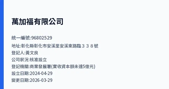 萬加福有限公司的照片-統編 96802529(彰化縣) 公司登記資料與營業項目詳細圖表